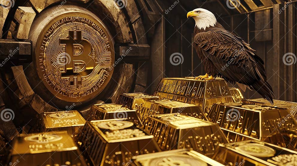 Eagle Atop Bitcoin Gold Bars in a Futuristic Vault Stock Illustration ...