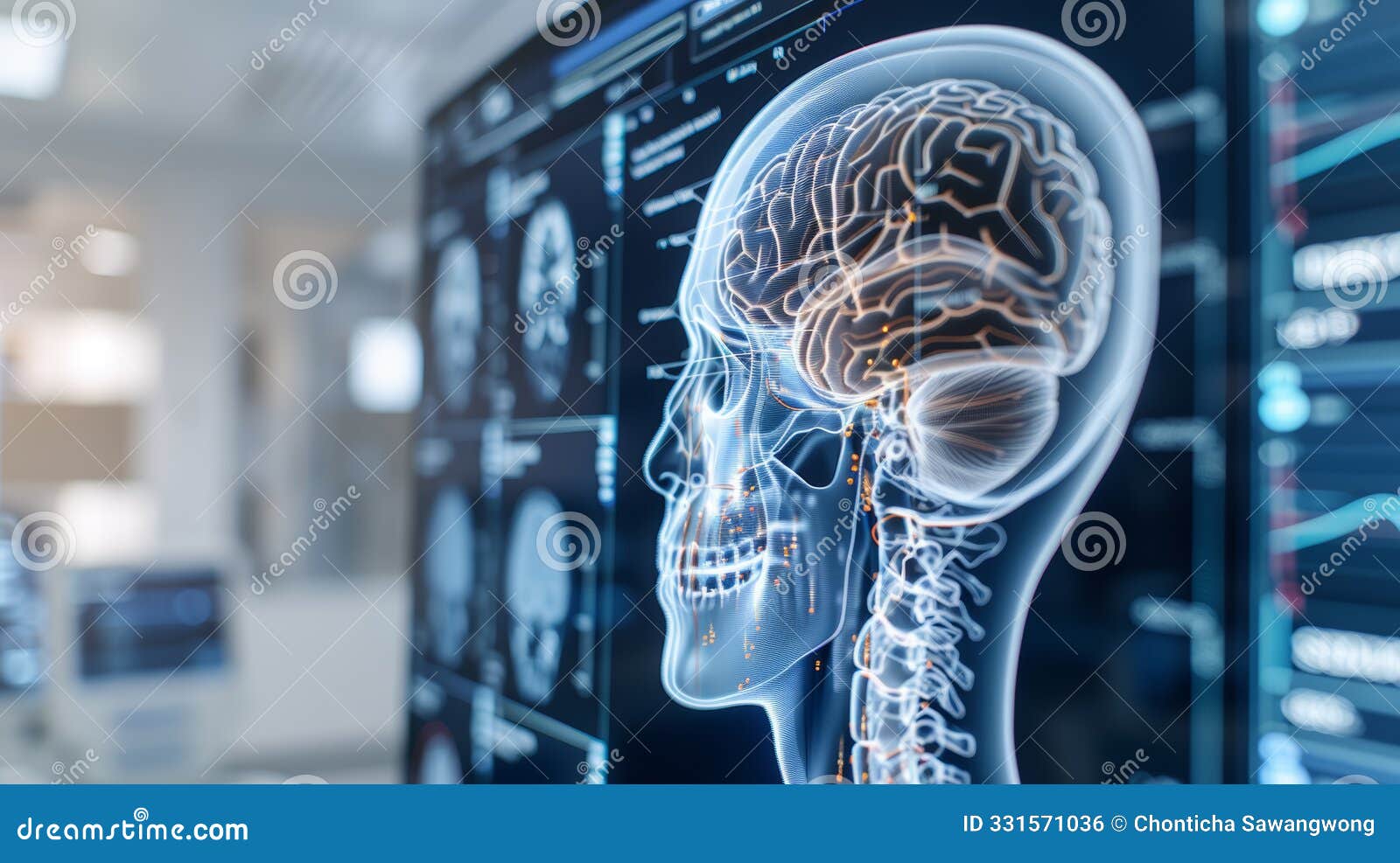 Detailed 3D Rendering of a Human Brain on a Computer Screen in a Modern ...