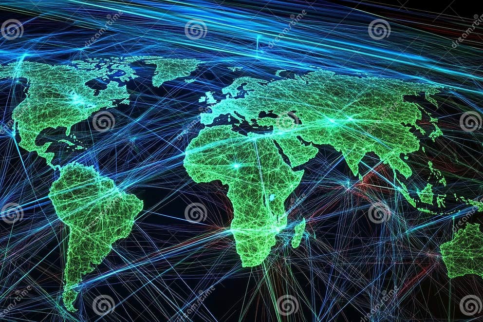 Detailed 3D View of Global Data Flows Represented on a Digital Map ...