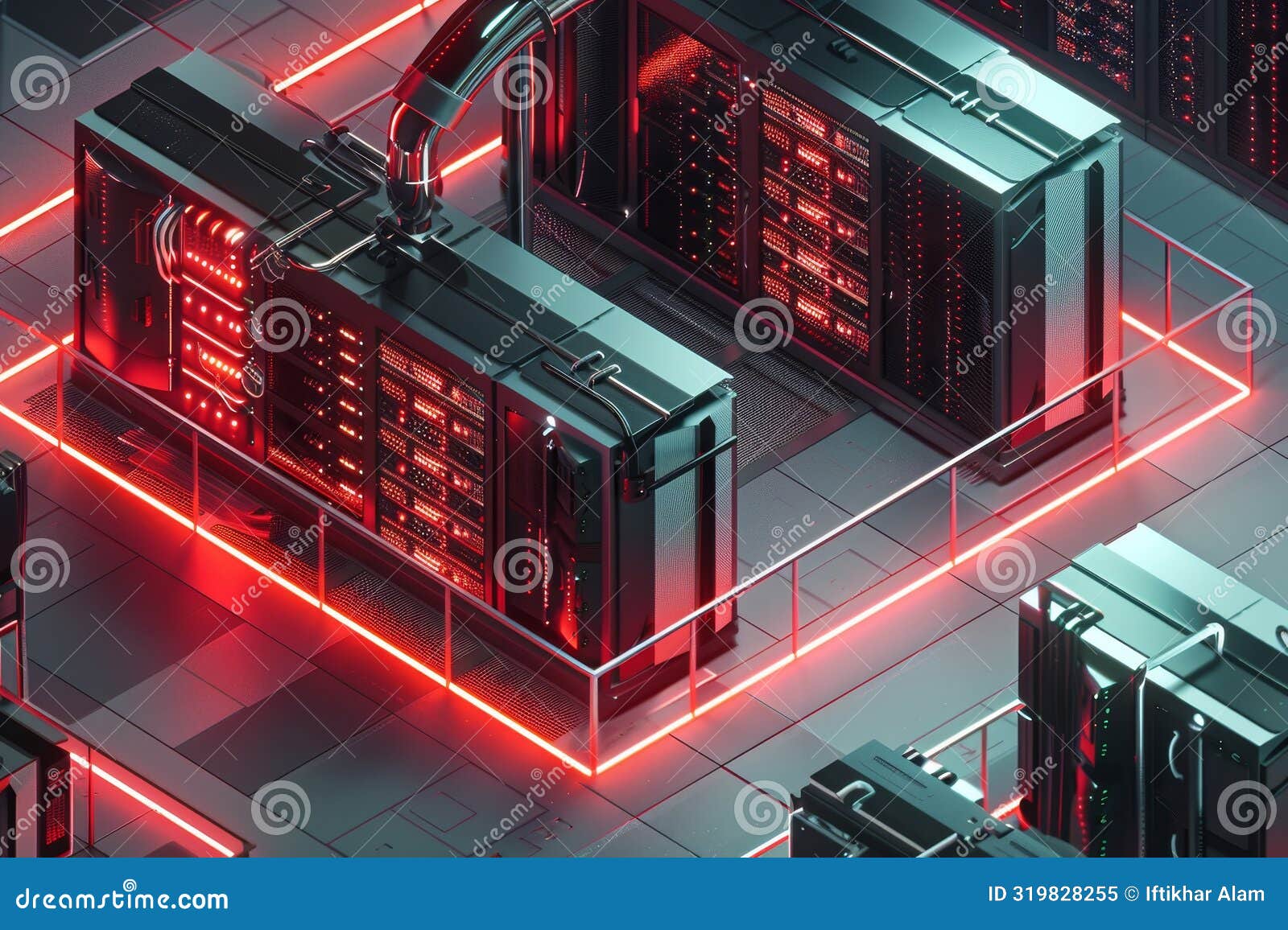 Detailed 3D Visualization of a Server Room Illuminated by Red Lights ...