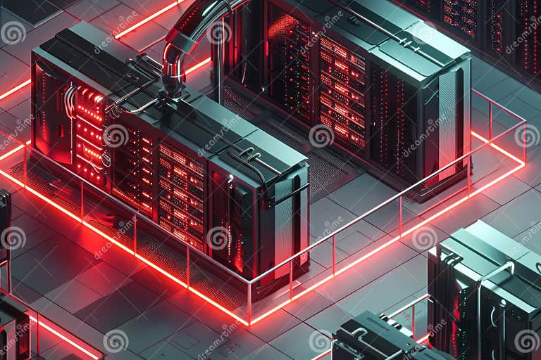 Detailed 3D Visualization of a Server Room Illuminated by Red Lights ...