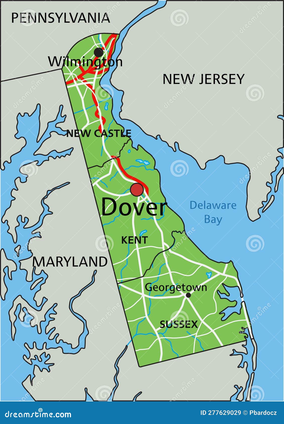Detailed Delaware Physical Map with Labeling. Stock Vector ...