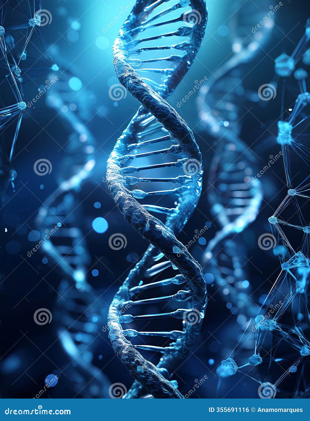 A Detailed, Digital Illustration of a DNA Double Helix Structure, Glowing with Blue Light and ...