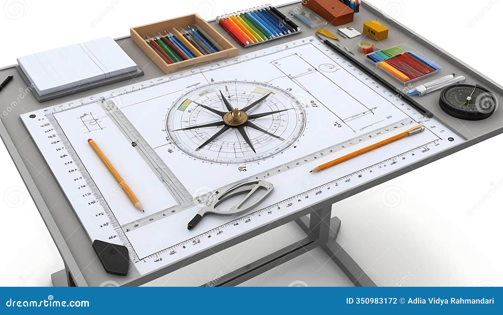 Detailed Drafting Table Setup with Instruments and Design Plans for ...