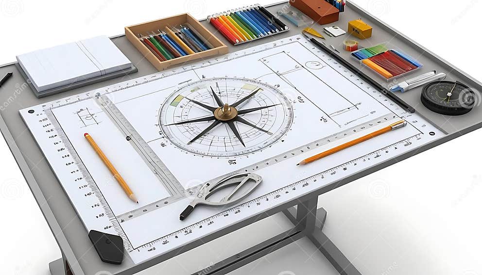 Detailed Drafting Table Setup with Instruments and Design Plans for ...