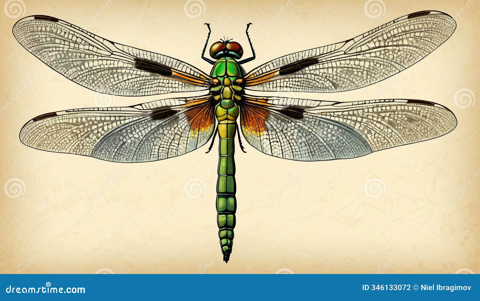 Detailed Dragonfly Illustration with Intricate Wing Patterns on Beige ...