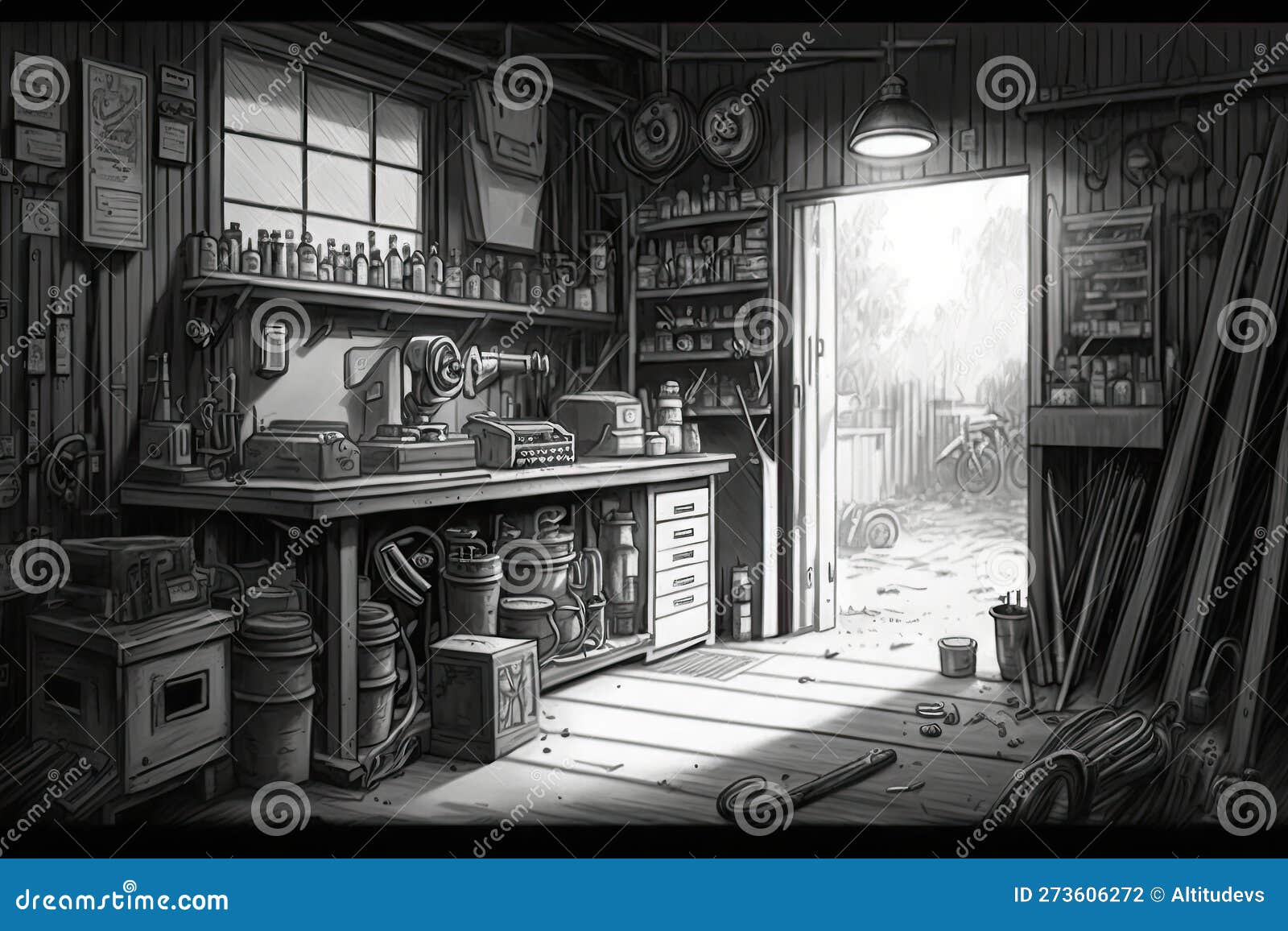 A Detailed Drawing of a Garage, with Tools and Machines in Place Stock ...