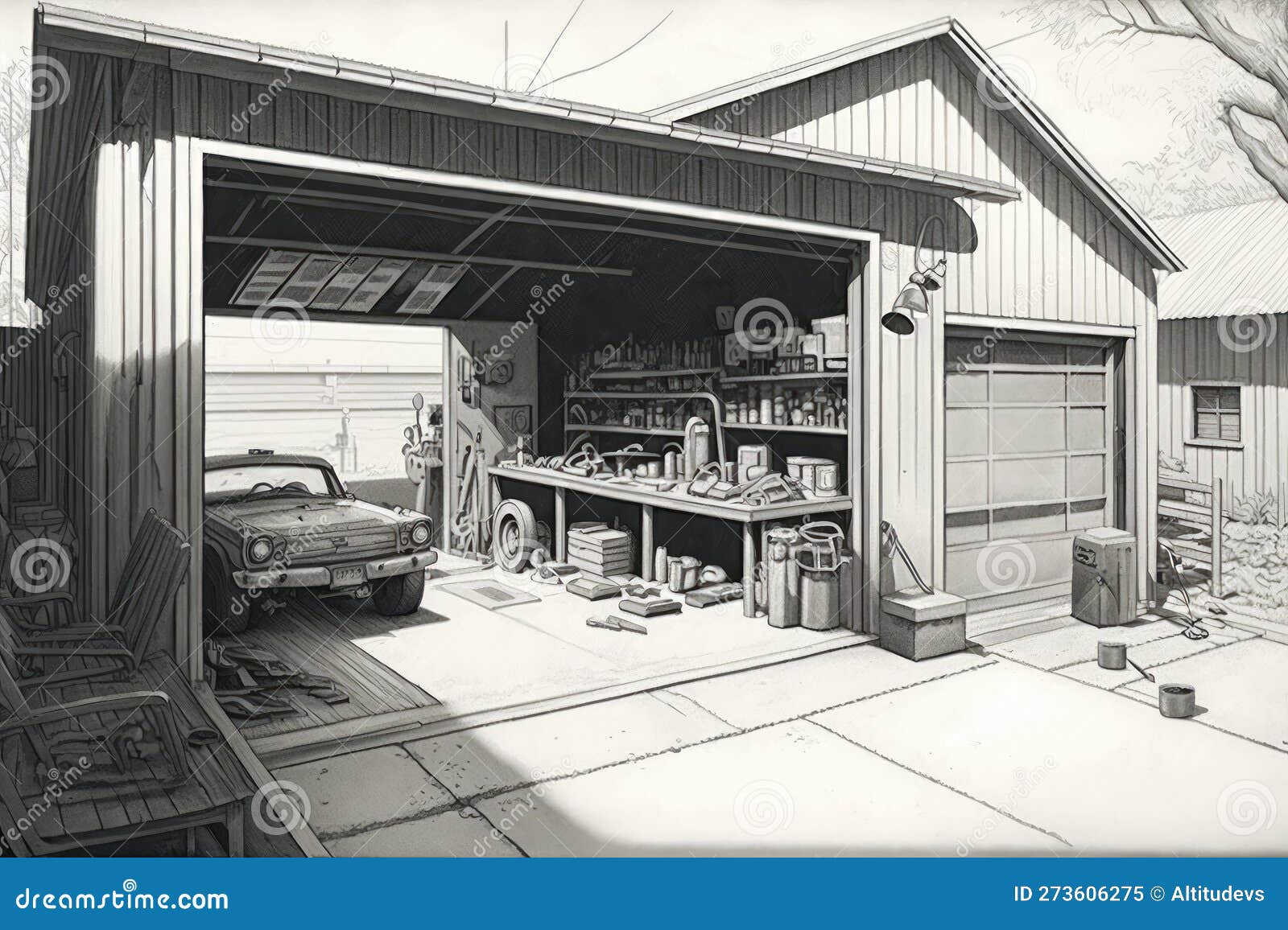 A Detailed Drawing of a Garage, with Tools and Machines in Place Stock ...
