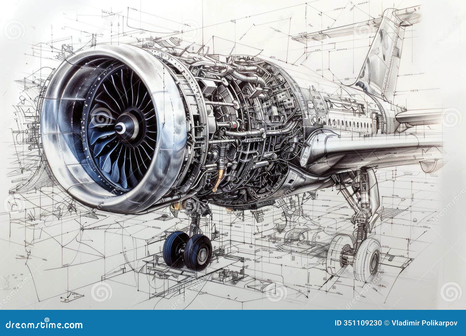 Detailed Drawing of a Jet Engine, Suitable for Technical Illustrations ...