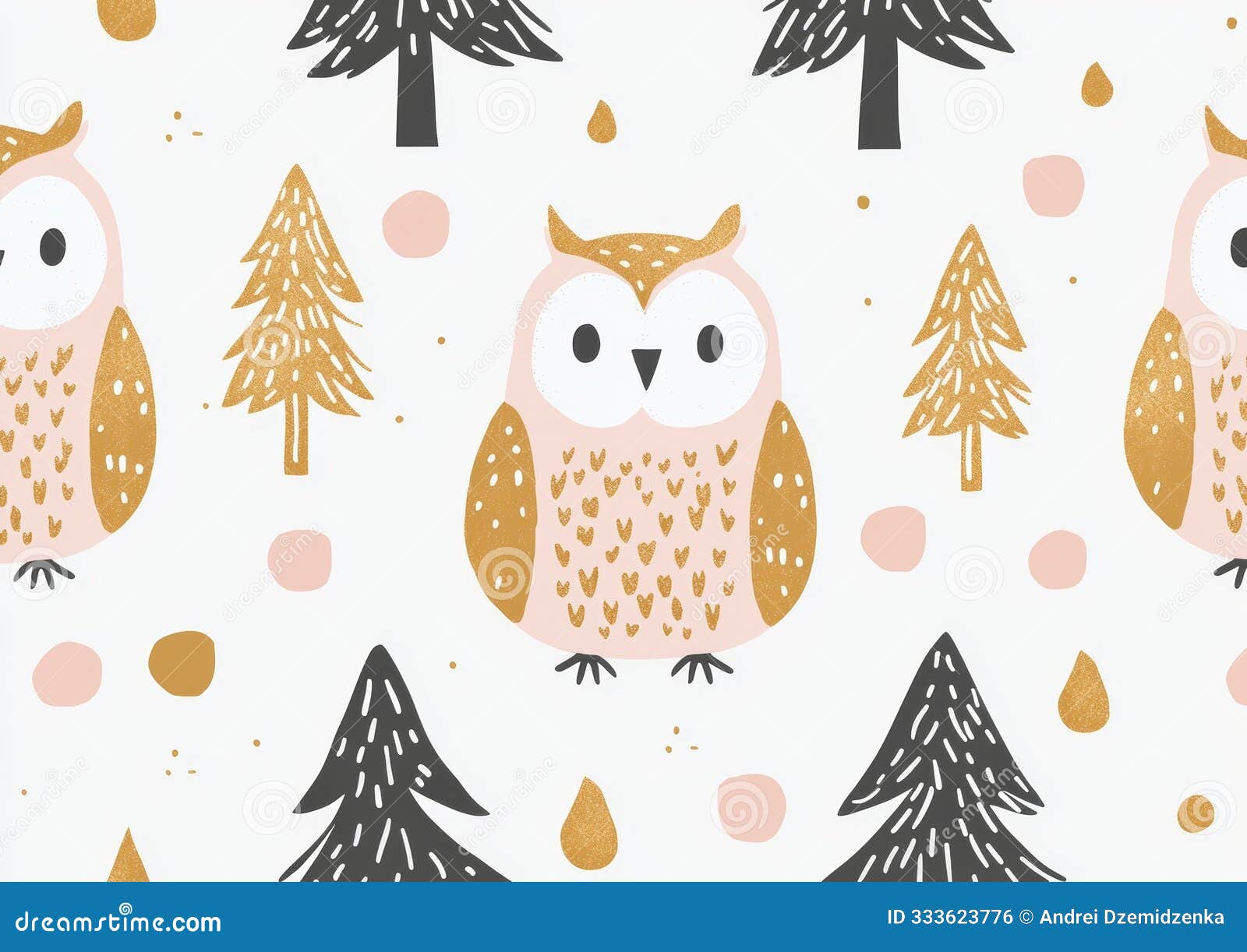 Detailed Drawing of Pink and Silver Owls in Gold. Stock Illustration ...