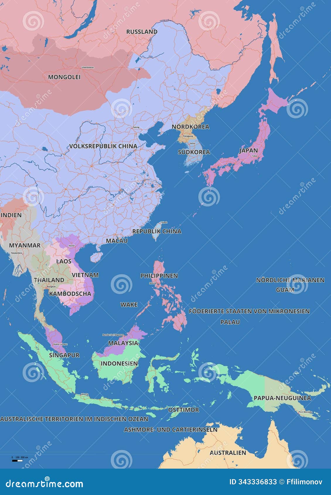 Detailed Editable Vector Map of Asia Pacific on German Language Stock ...