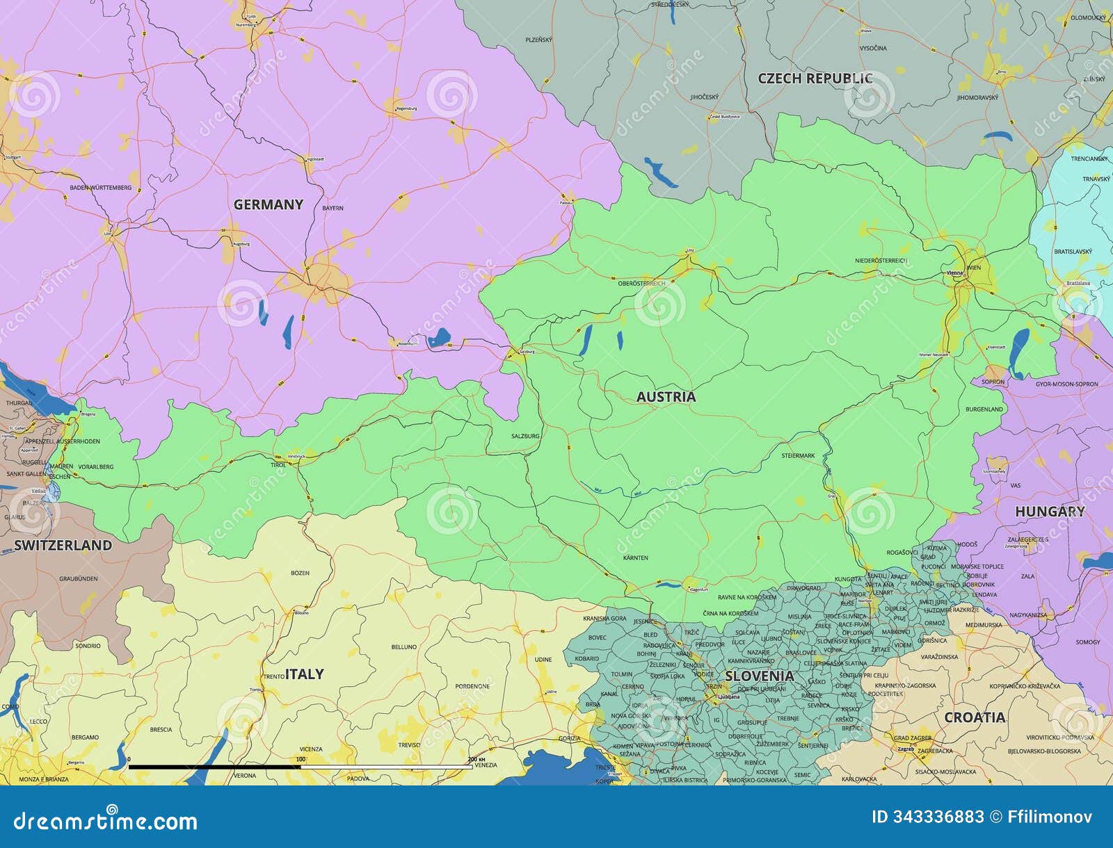 Detailed Editable Vector Map of Austria on English Language Stock ...