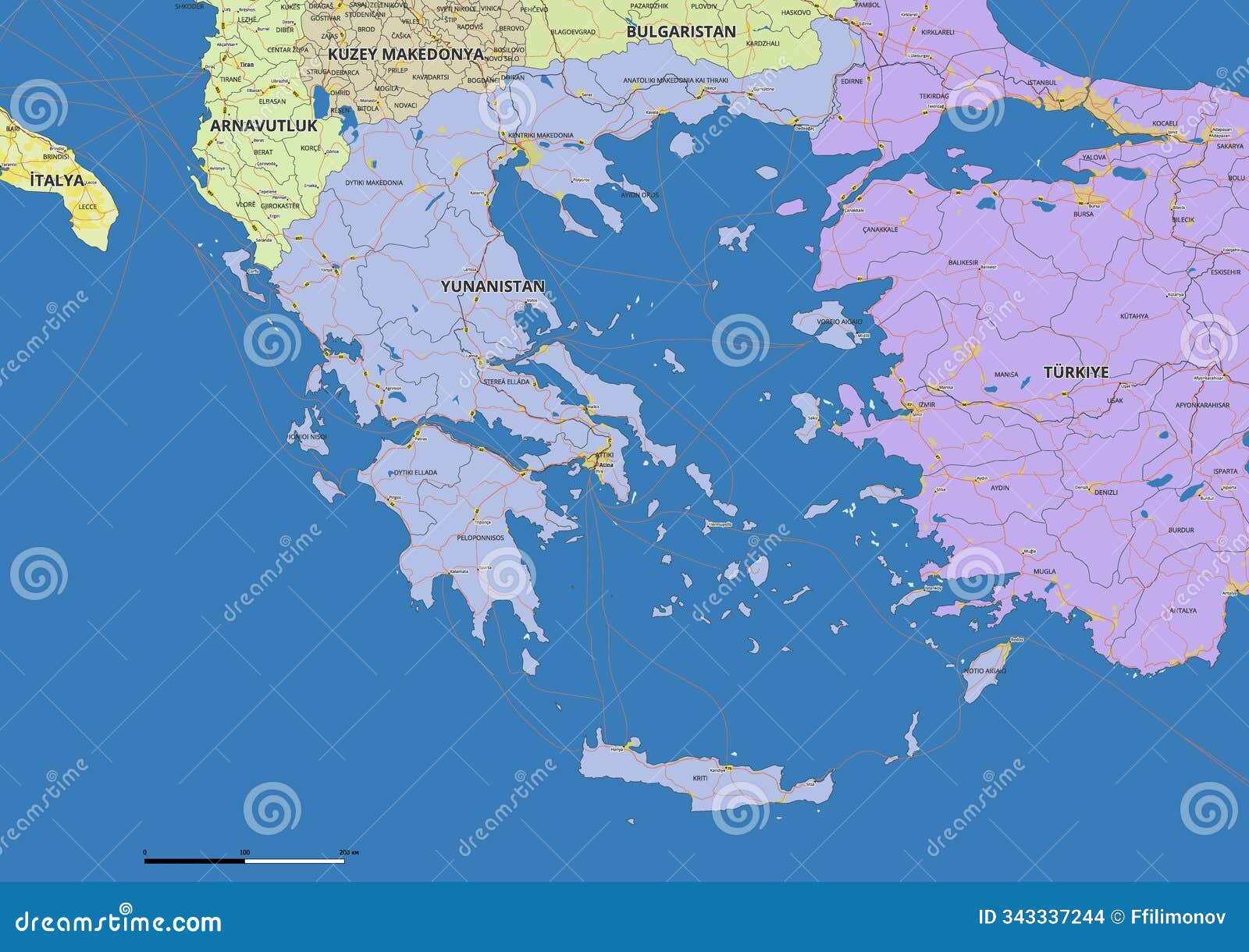 Detailed Editable Vector Map of Greece on Turkish Language Stock Vector ...