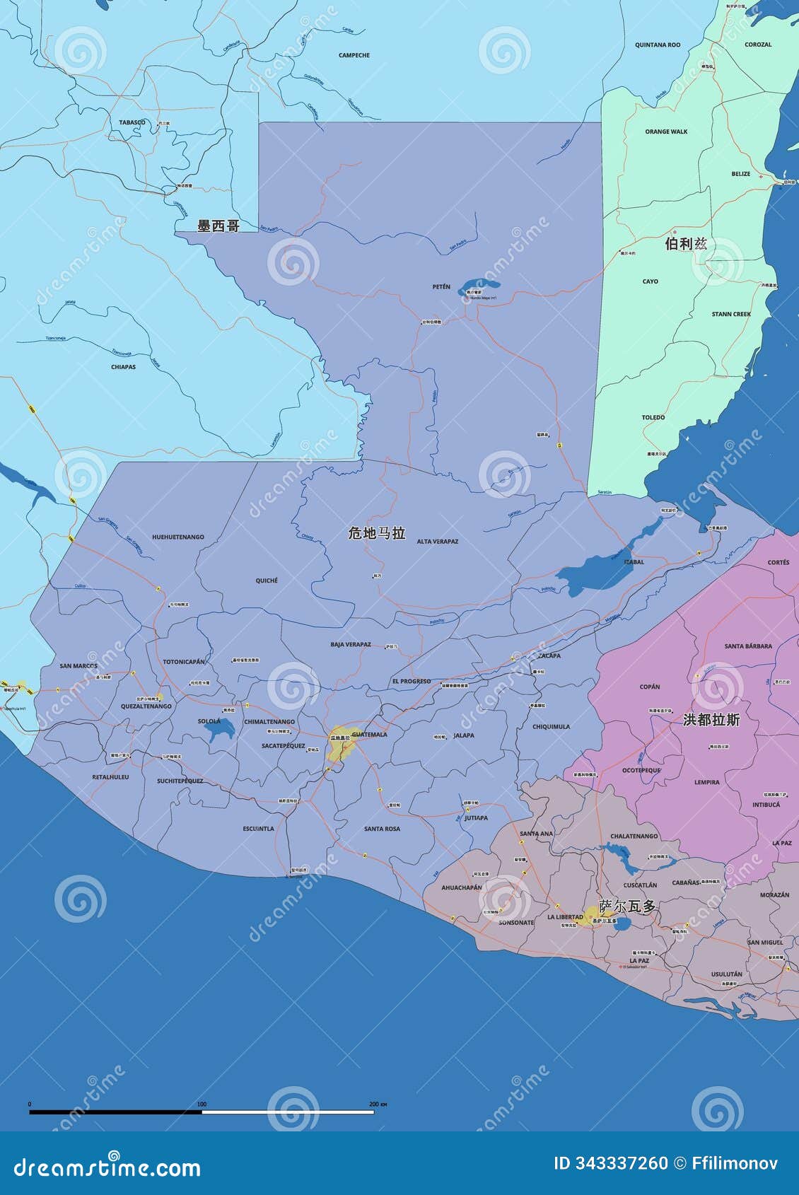 Detailed Editable Vector Map of Guatemala on Chinese Language Stock ...