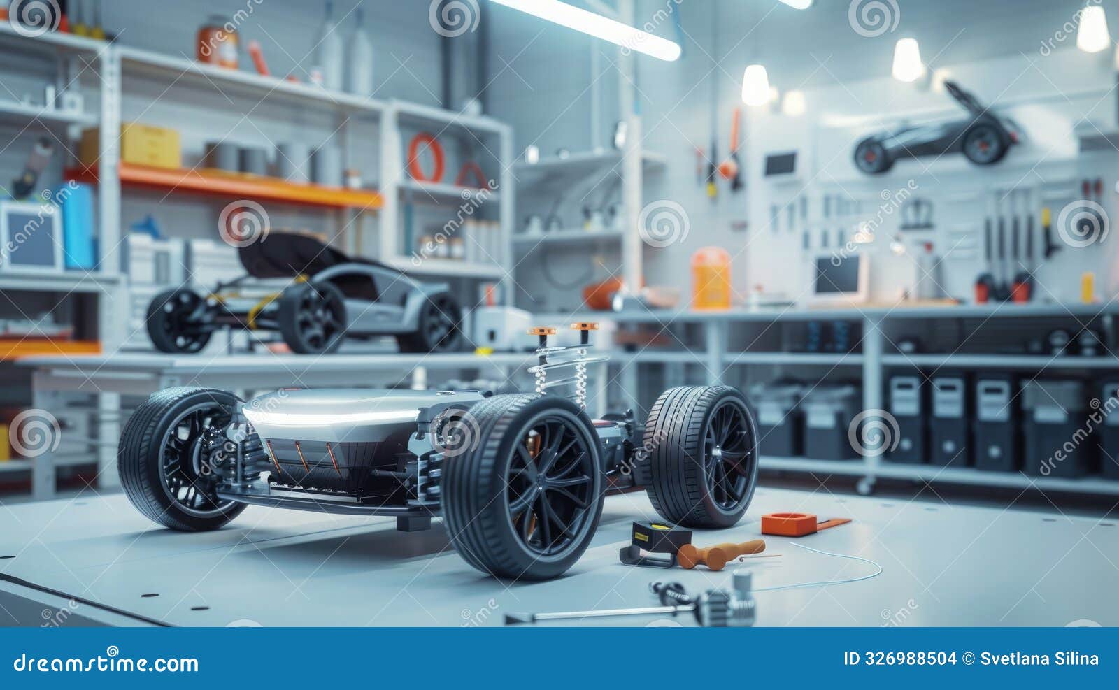 Detailed Electric Vehicle Components on Clean Workbench, Bright ...