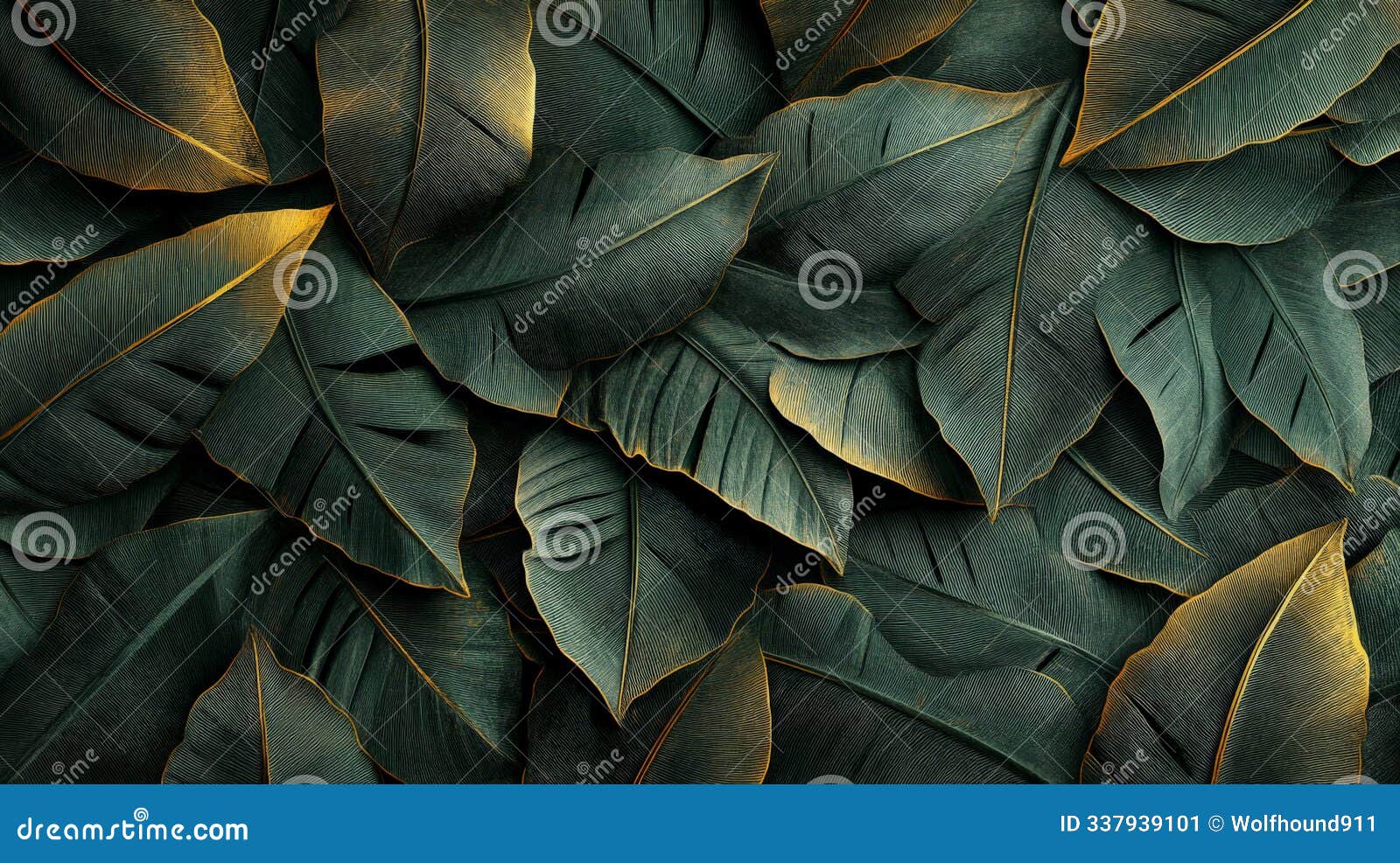 Detailed Engraving of Overlapping Tropical Leaves, Each Leaf Etched ...