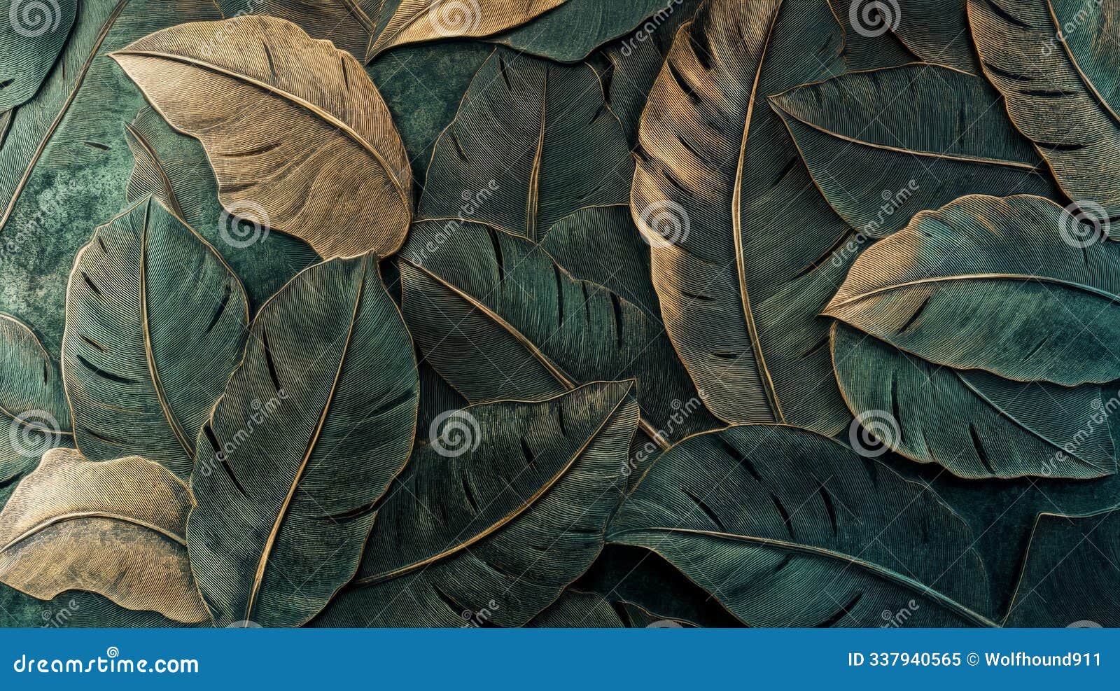 Detailed Engraving of Overlapping Tropical Leaves, Each Leaf Etched ...