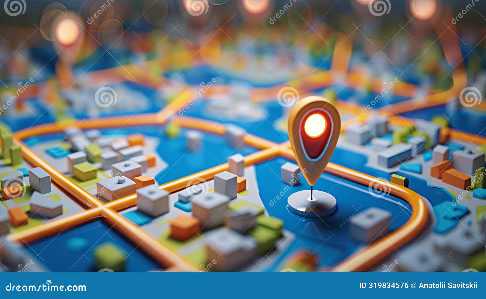 Detailed Exploration of an Isometric GPS Tracking Map with a Red Marker ...