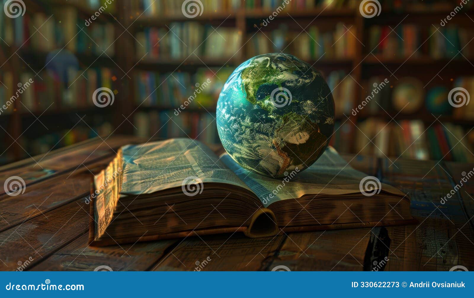 Earth Resting on an Open Book in a Library Filled with Books and ...