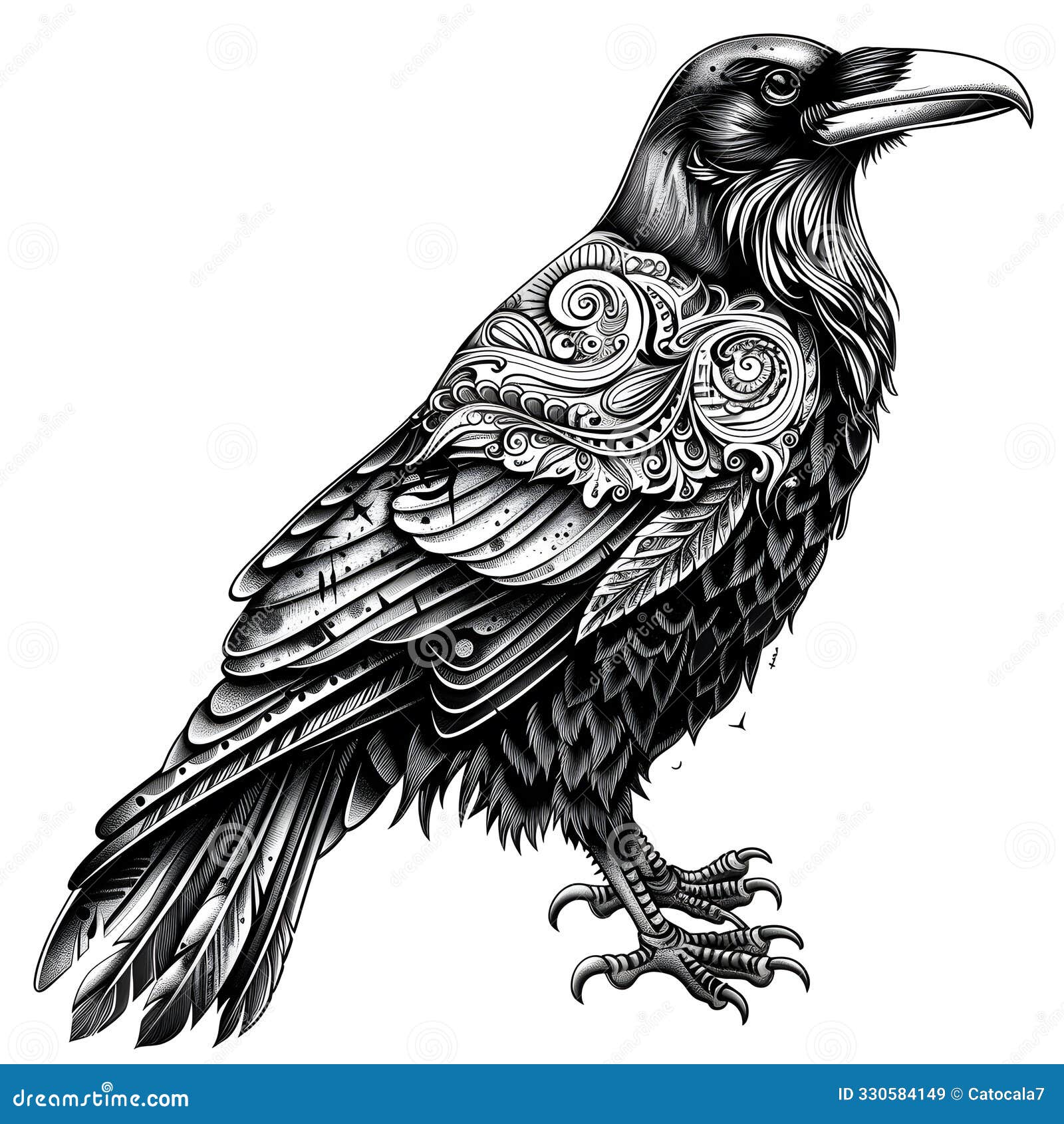 Detailed Gothic Raven Tattoo Showcases Ornate Feather Patterns And ...