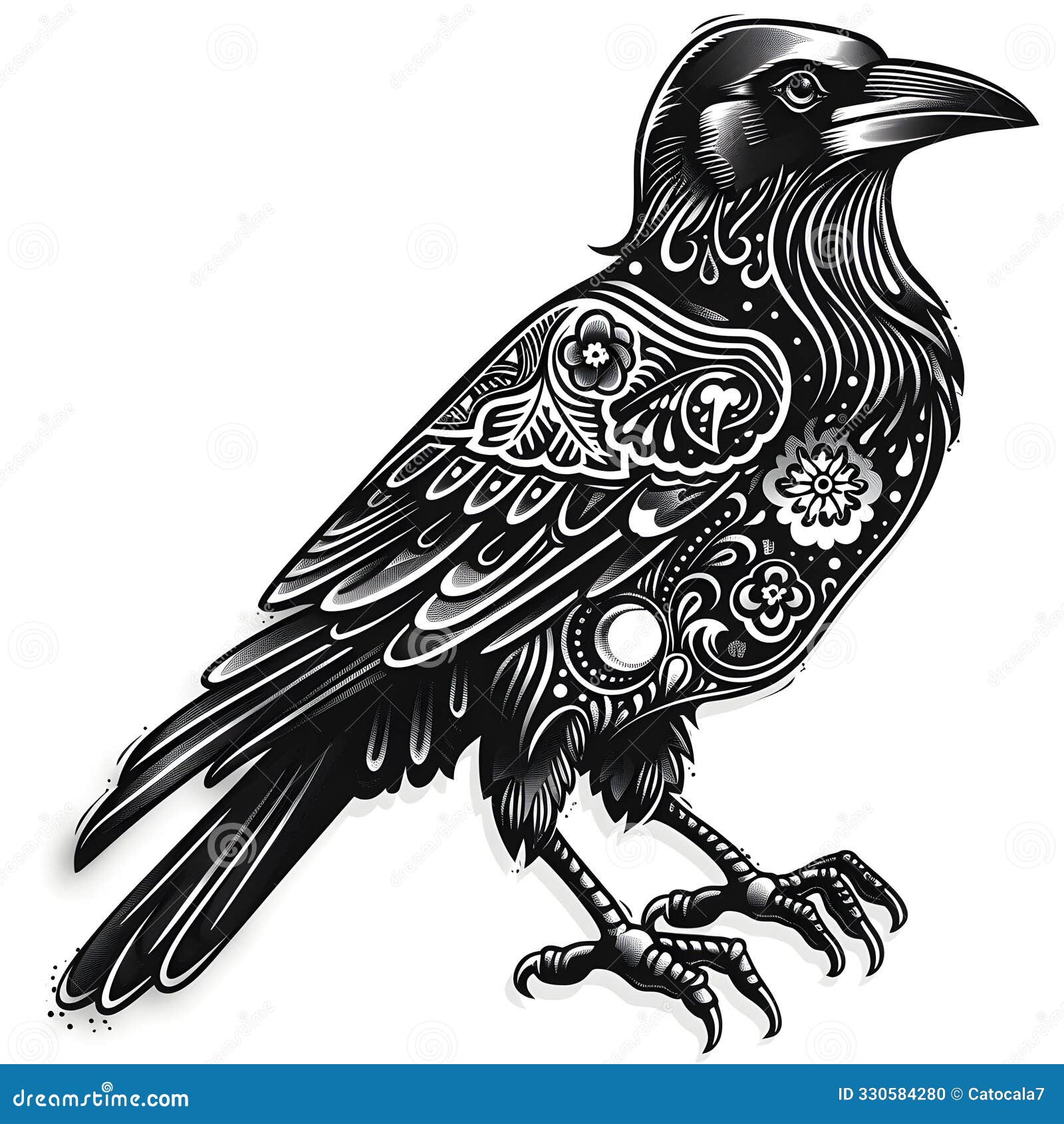 A Detailed Gothic Raven Tattoo Showcases Ornate Feather Patterns and ...