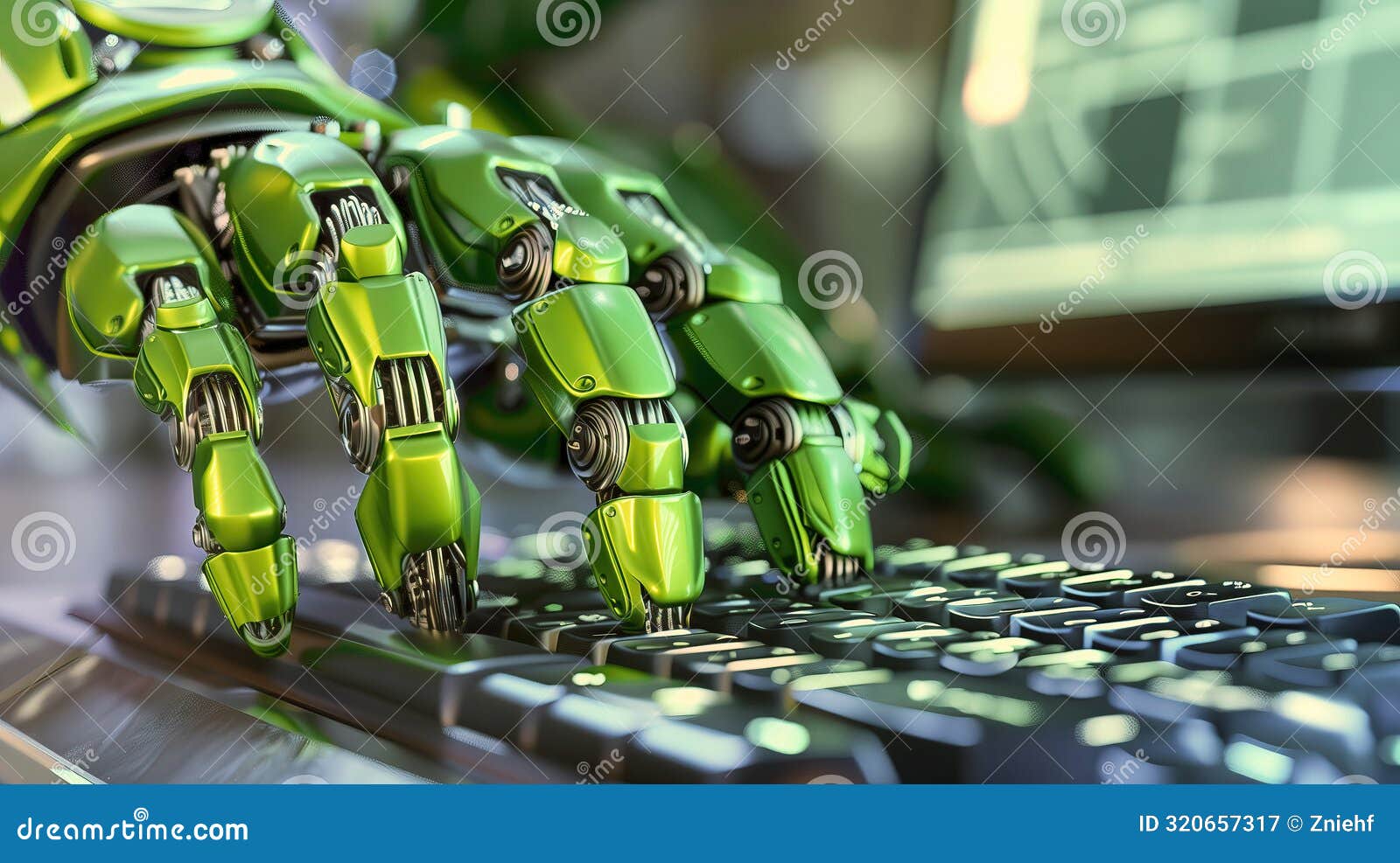 Detailed Green Robotic Hand Typing on a Modern Illuminated Computer ...