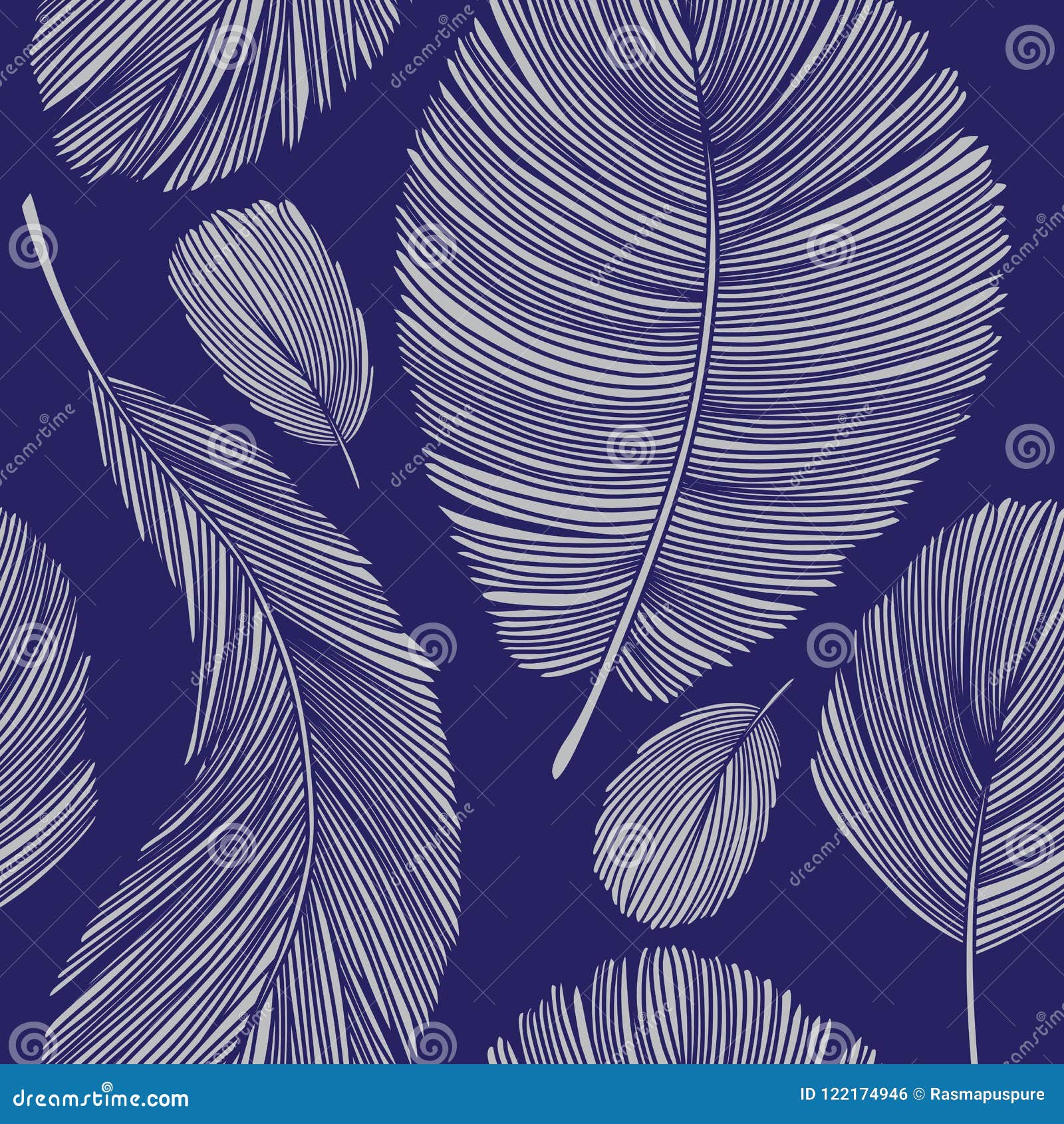 Grey Line Drawing Feathers Seamless Pattern on Blue Background Stock ...