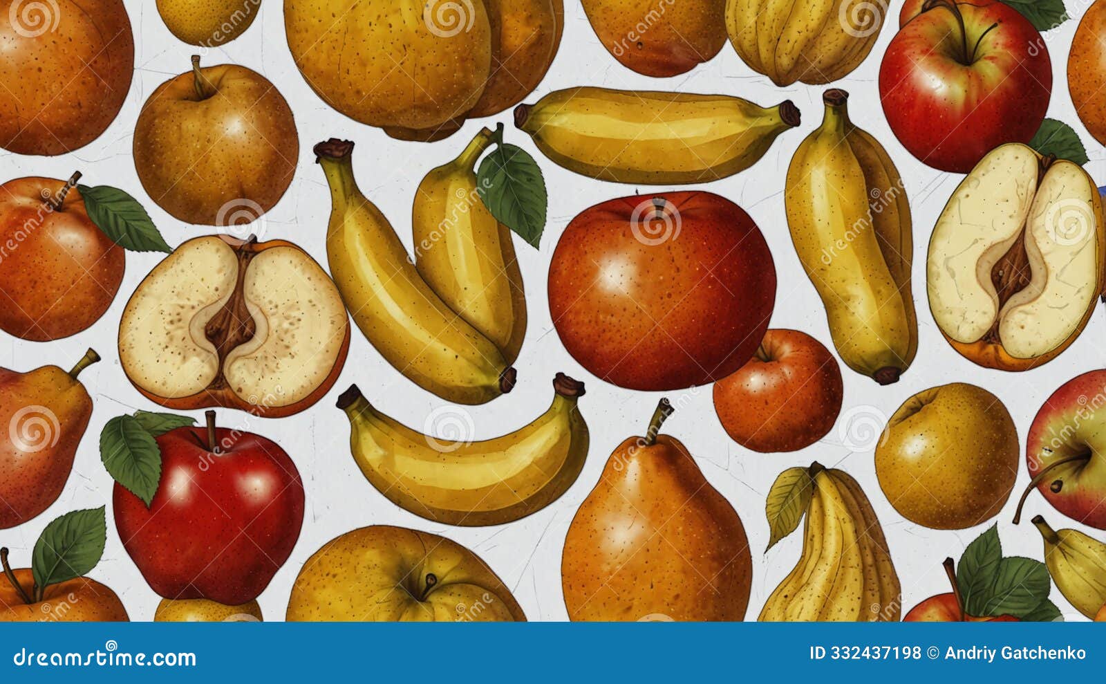 Detailed Hand-Drawn Fruit Pattern Showcasing Apples, Bananas, Pears ...