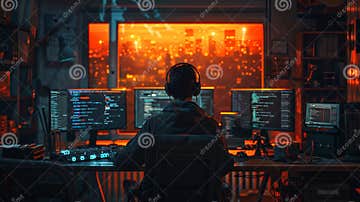 Detailed High Resolution Coding Interface with Glowing Screens in Ultra ...