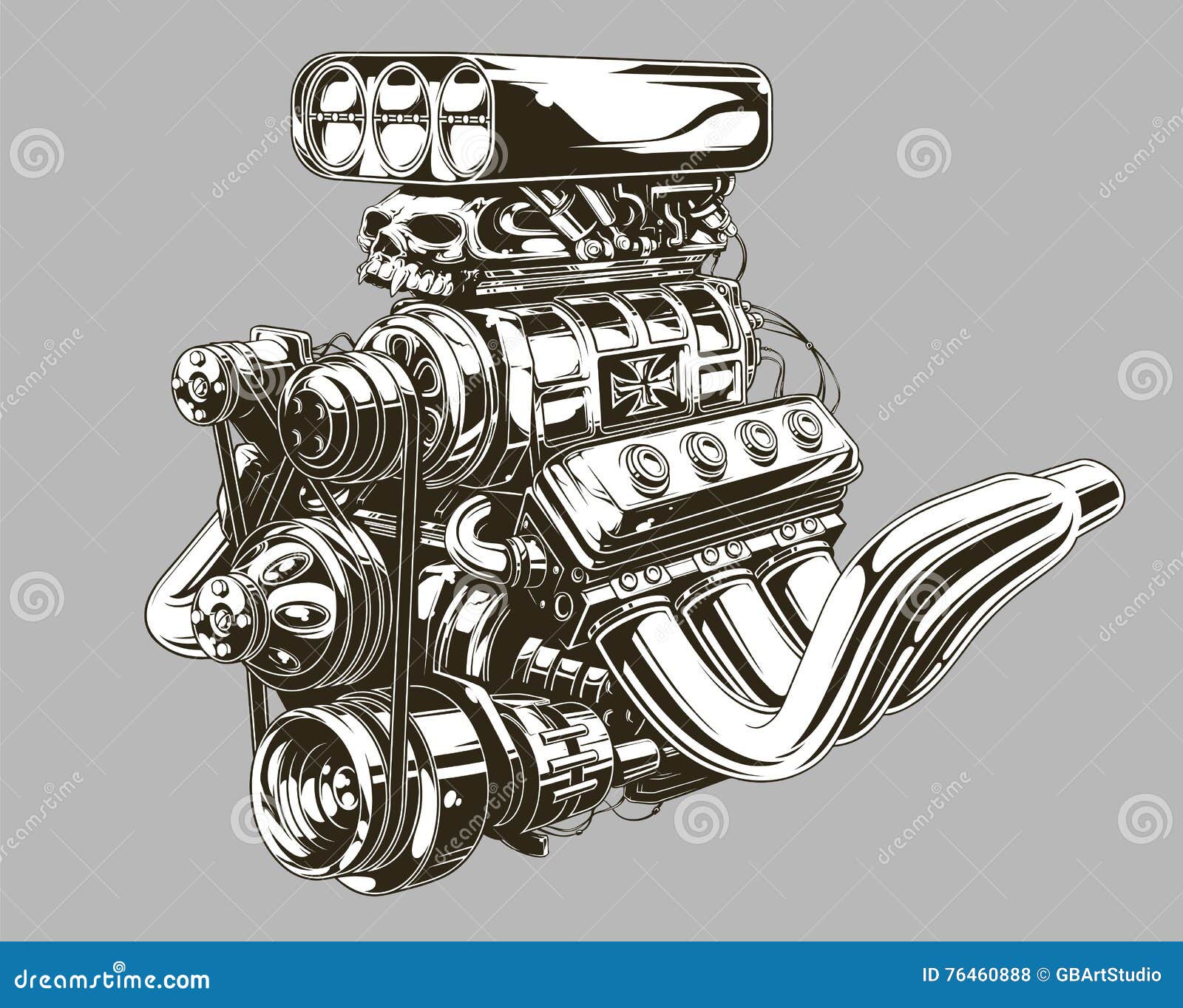 Detailed Hot Road Engine With Skull Tattoo Vector Illustration ...