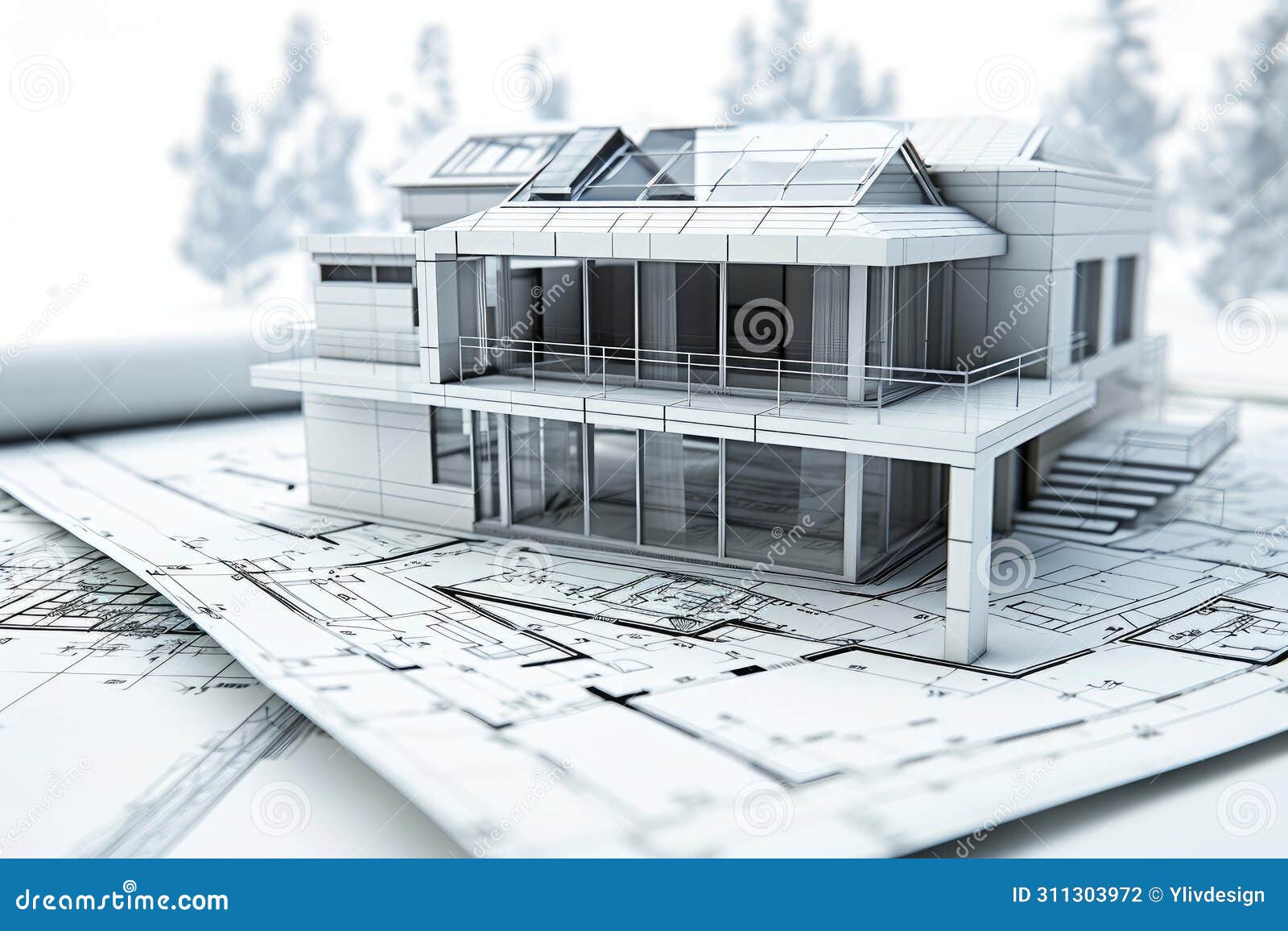 Detailed 3D House Model On Blueprints With Exposed Construction Layers ...
