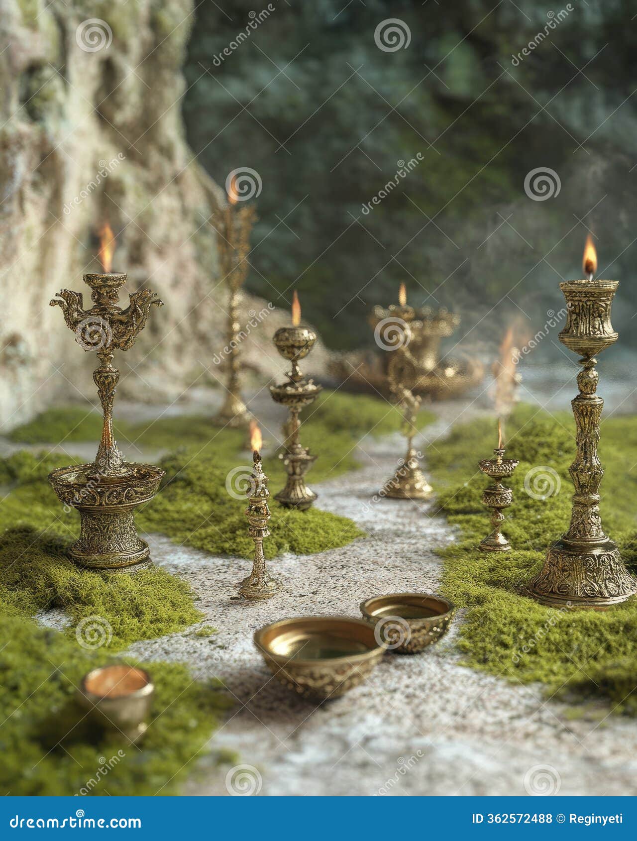 Detailed Hyperrealistic Altar Layouts Featuring Sacred Objects on Moss ...