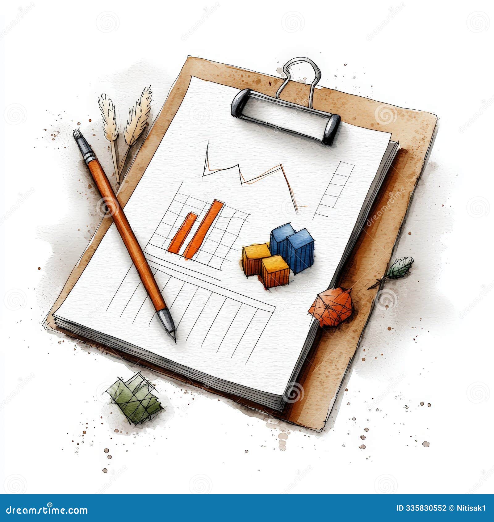 A Detailed Illustration of a Clipboard with Graphs and Charts ...