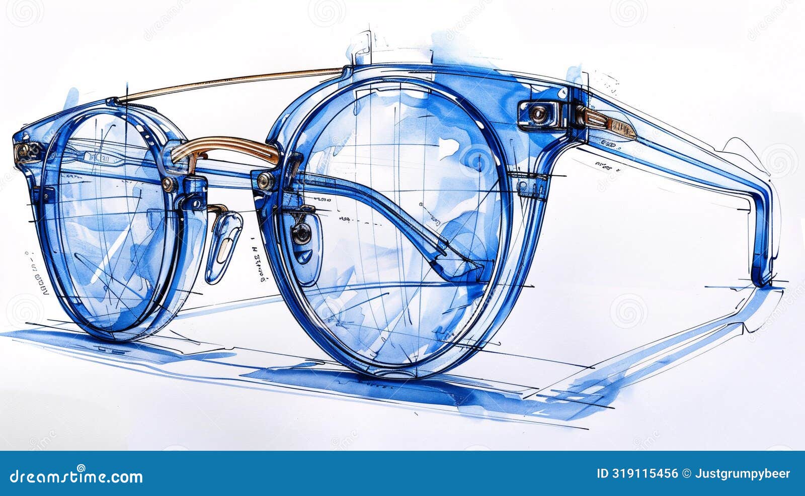 Detailed Illustration of Eyeglasses in a Blueprint Style, Emphasizing ...