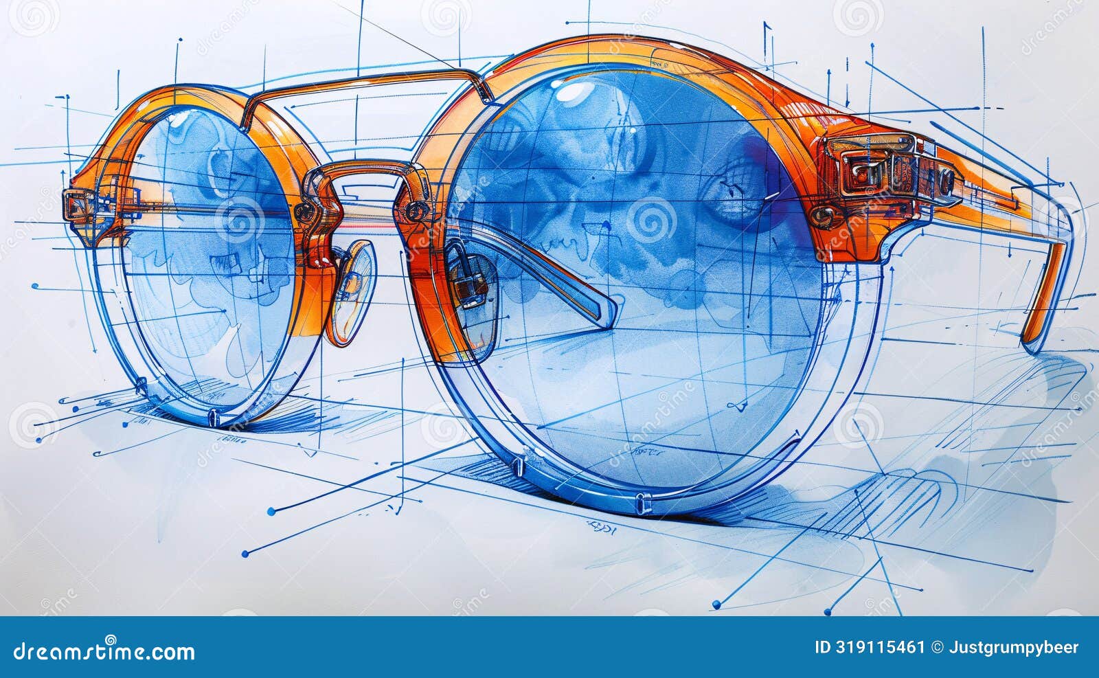 Detailed Illustration of Eyeglasses in a Blueprint Style, Emphasizing ...