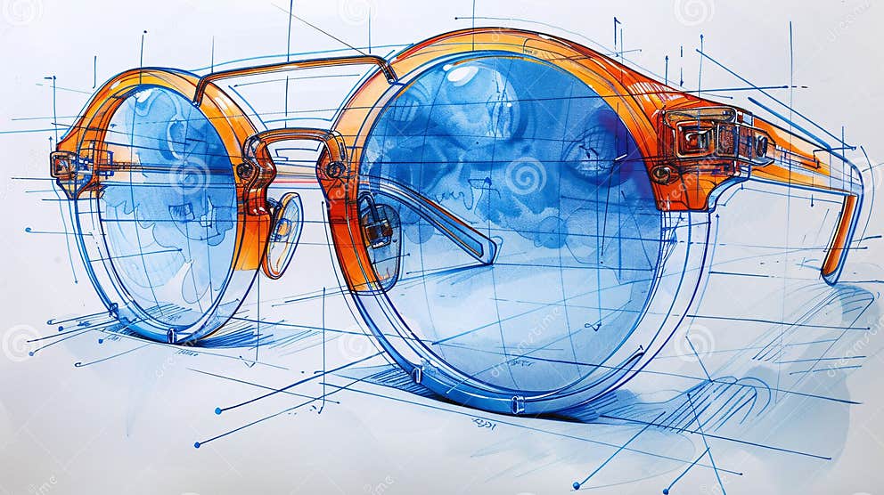 Detailed Illustration of Eyeglasses in a Blueprint Style, Emphasizing ...