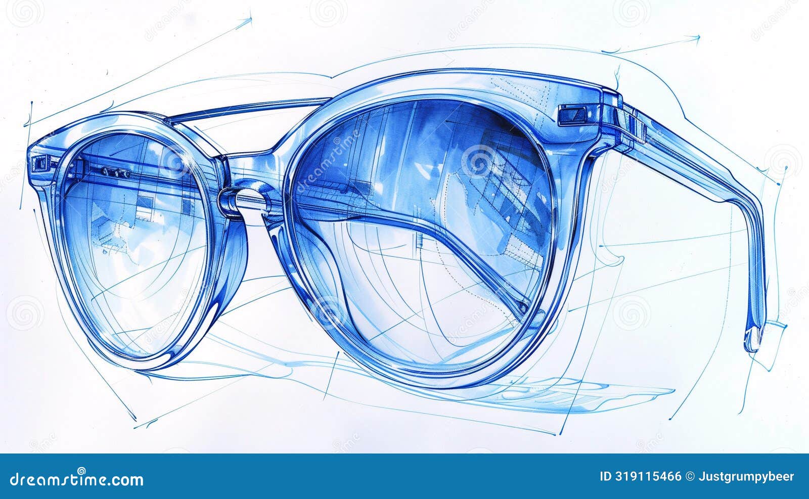 Detailed Illustration of Eyeglasses in a Blueprint Style, Emphasizing ...