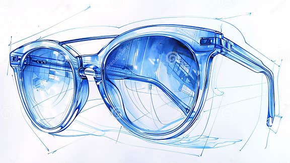 Detailed Illustration of Eyeglasses in a Blueprint Style, Emphasizing ...
