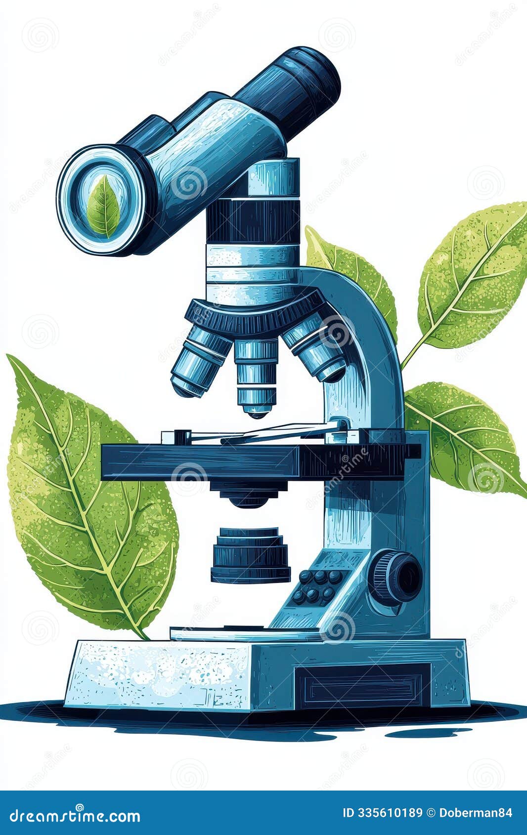 Illustration of a Microscope with Green Leaves Symbolizing Organic ...