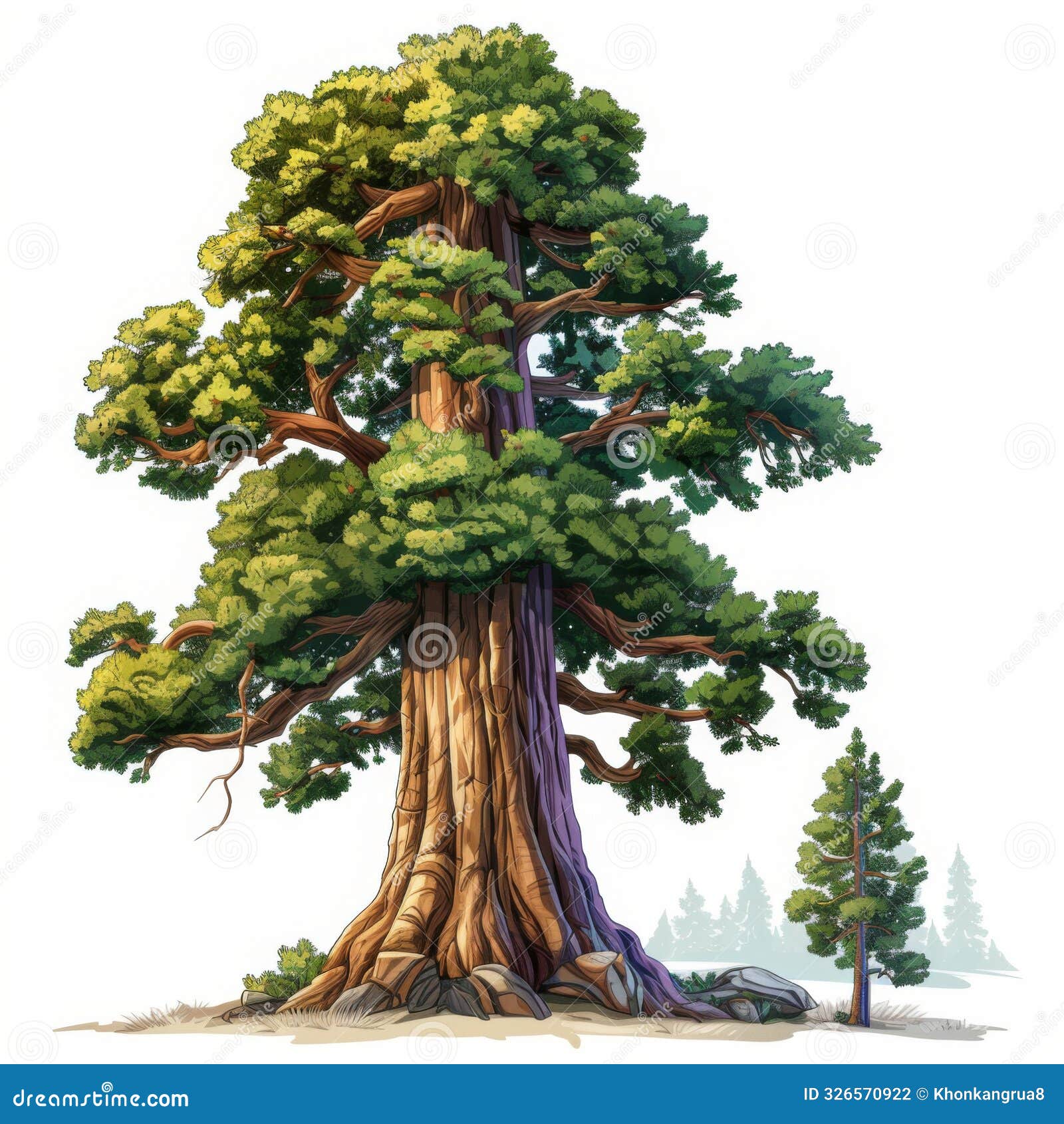Detailed Illustration of a Giant Sequoia Tree Set Against a Forest ...