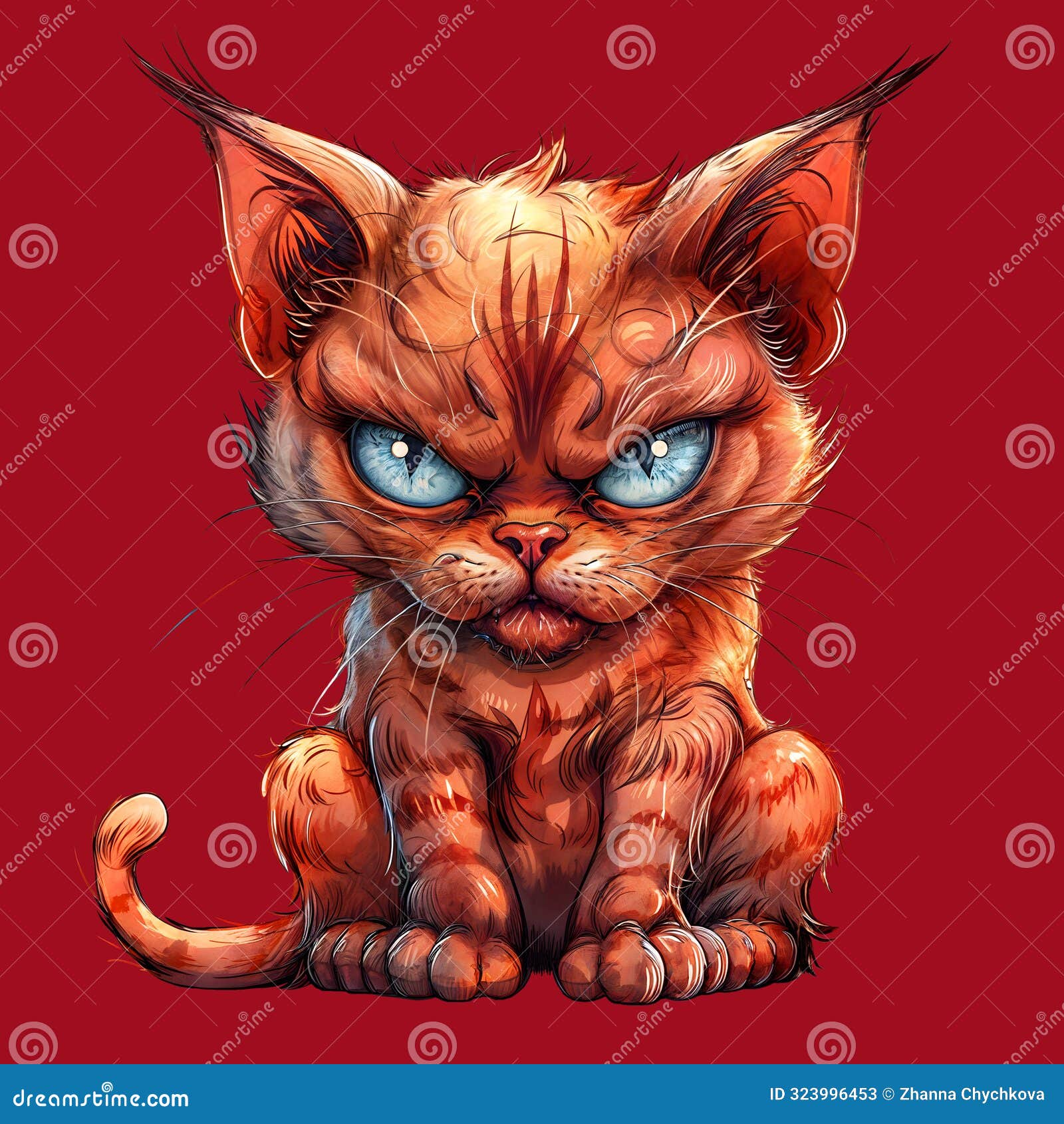 Detailed Illustration of a Grumpy Cat with Striking Blue Eyes Stock ...