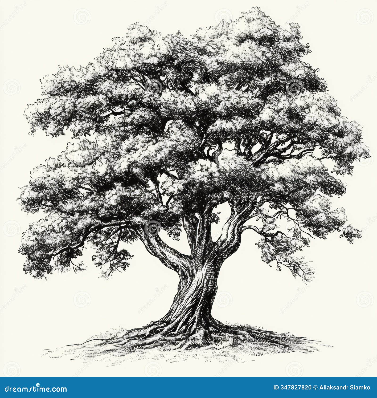 Detailed Illustration of a Large Leafy Tree with Gnarled Trunk Stock ...