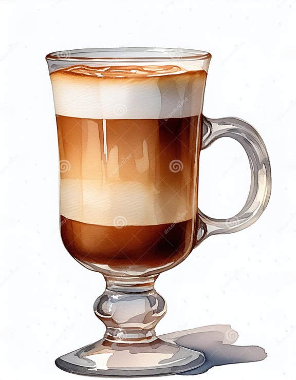 A Detailed Illustration Of A Layered Mocha Coffee Drink With A Foamy Top In A Clear Glass Mug