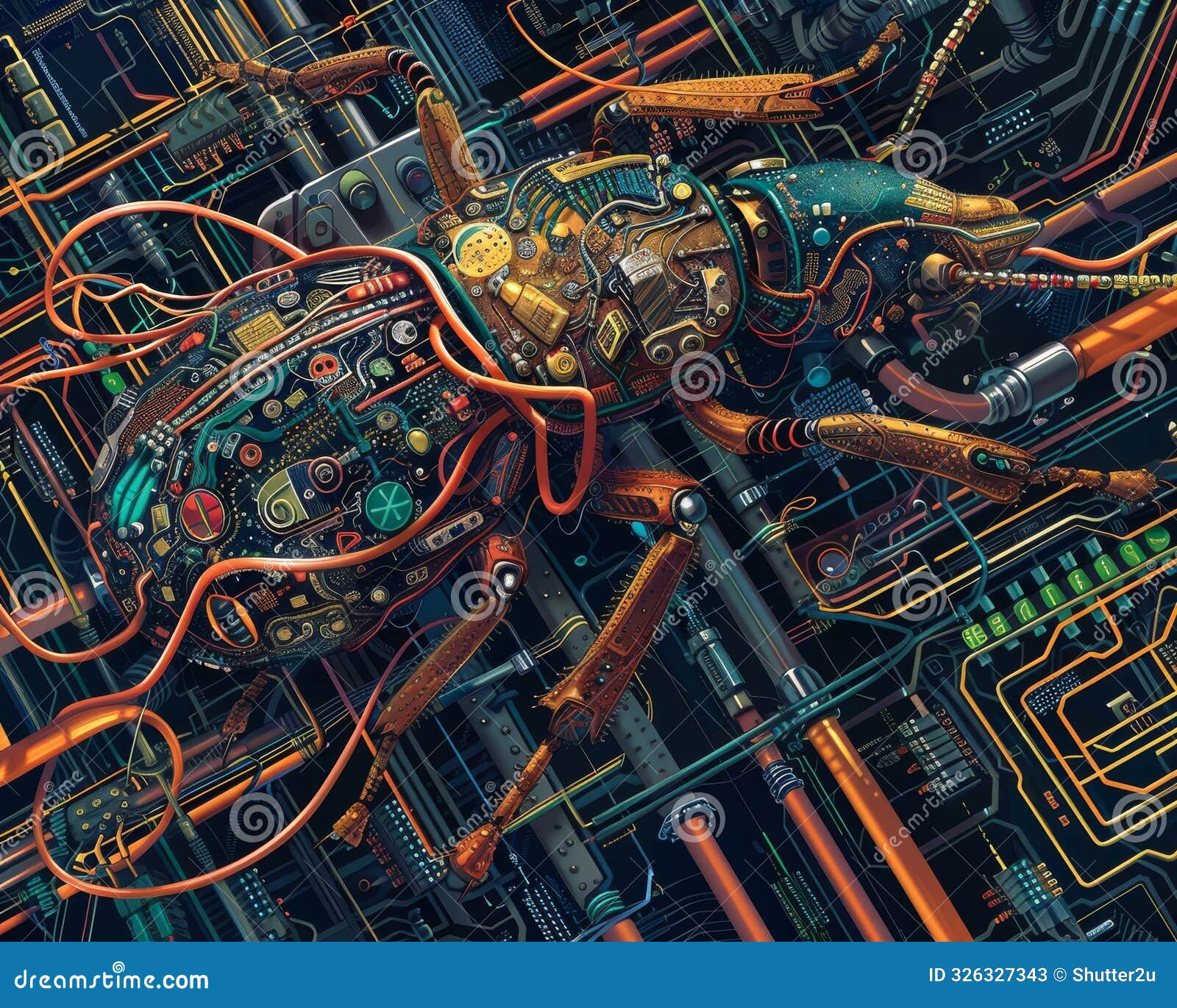 A Detailed Illustration of a Mechanical Bug Entwined in Computer Wires ...