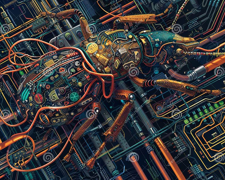 A Detailed Illustration of a Mechanical Bug Entwined in Computer Wires ...