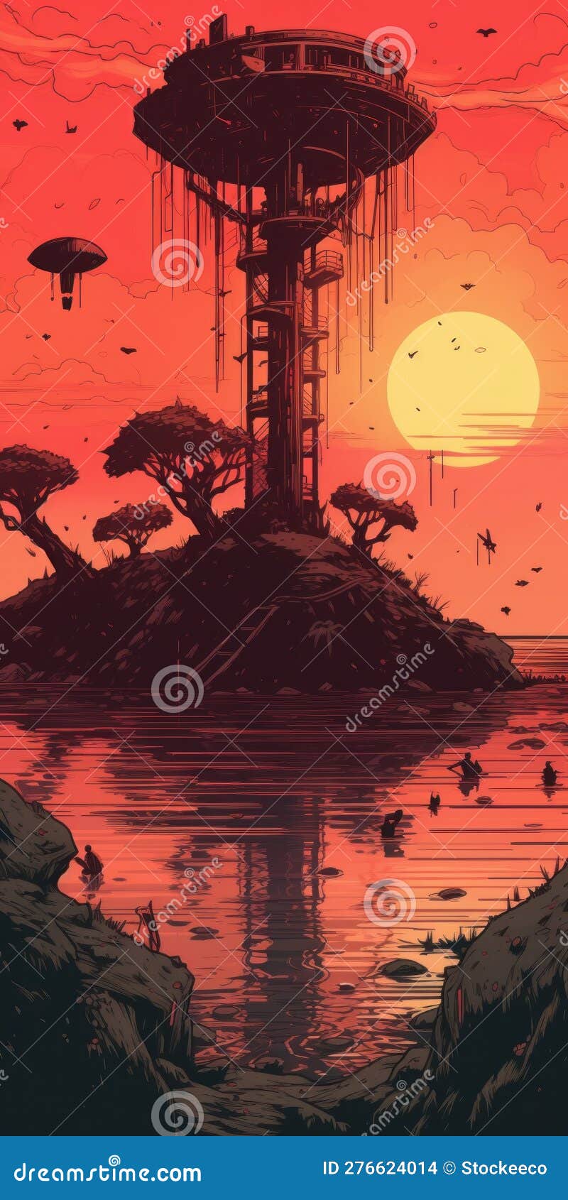 Detailed Illustration of Post-apocalyptic Island with Red Sun Setting ...