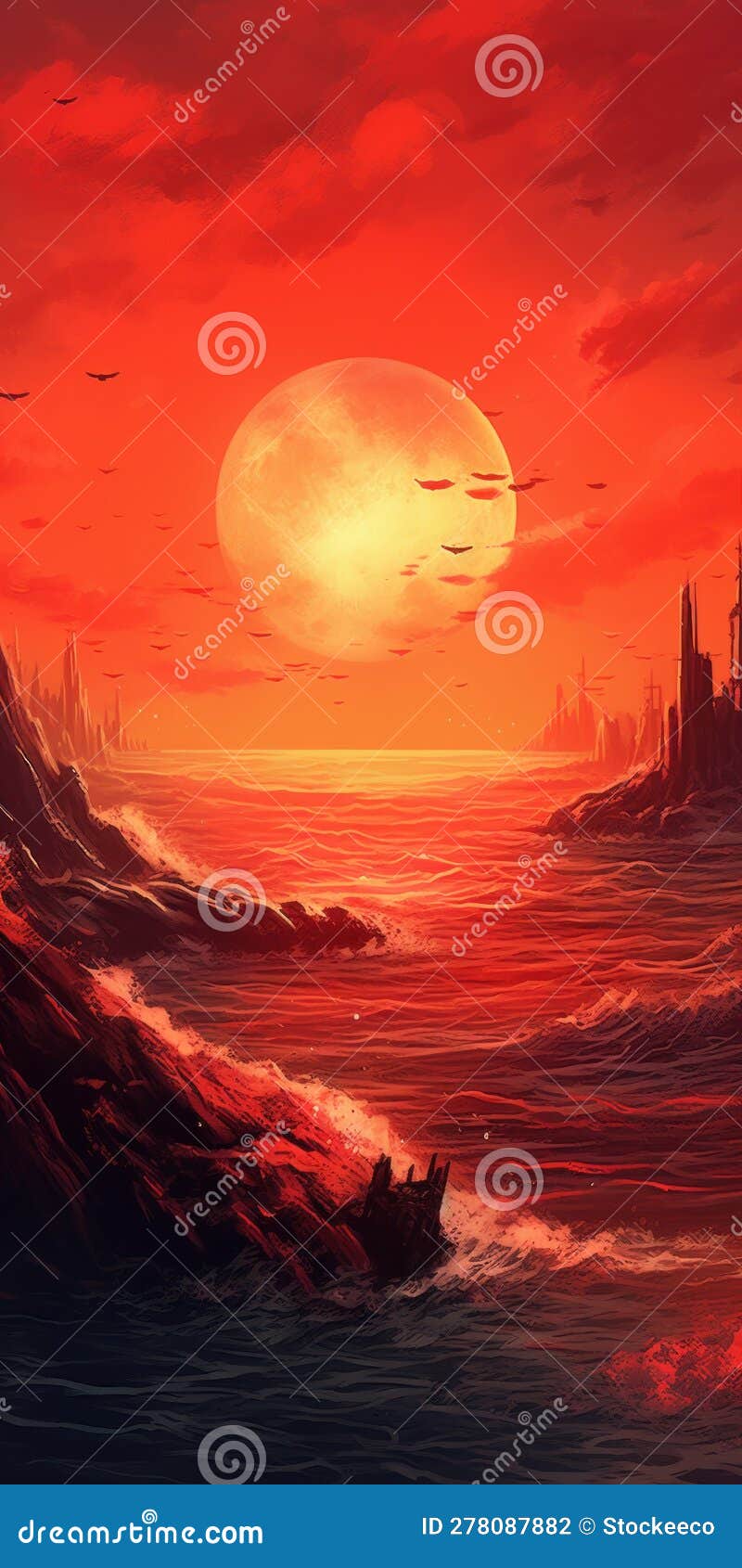 Detailed Illustration of Post-apocalyptic Ocean with Red Sun Setting ...