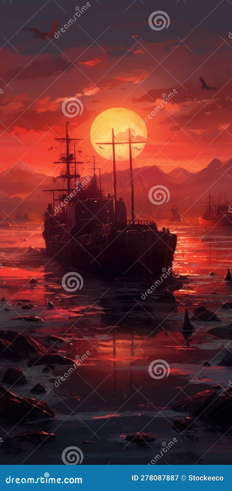 Detailed Illustration of Post-apocalyptic Ocean with Red Sun Setting ...
