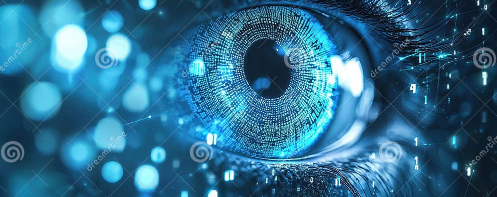 Close-up of a Blue Digital Eye with Binary Code, Symbolizing Technology ...