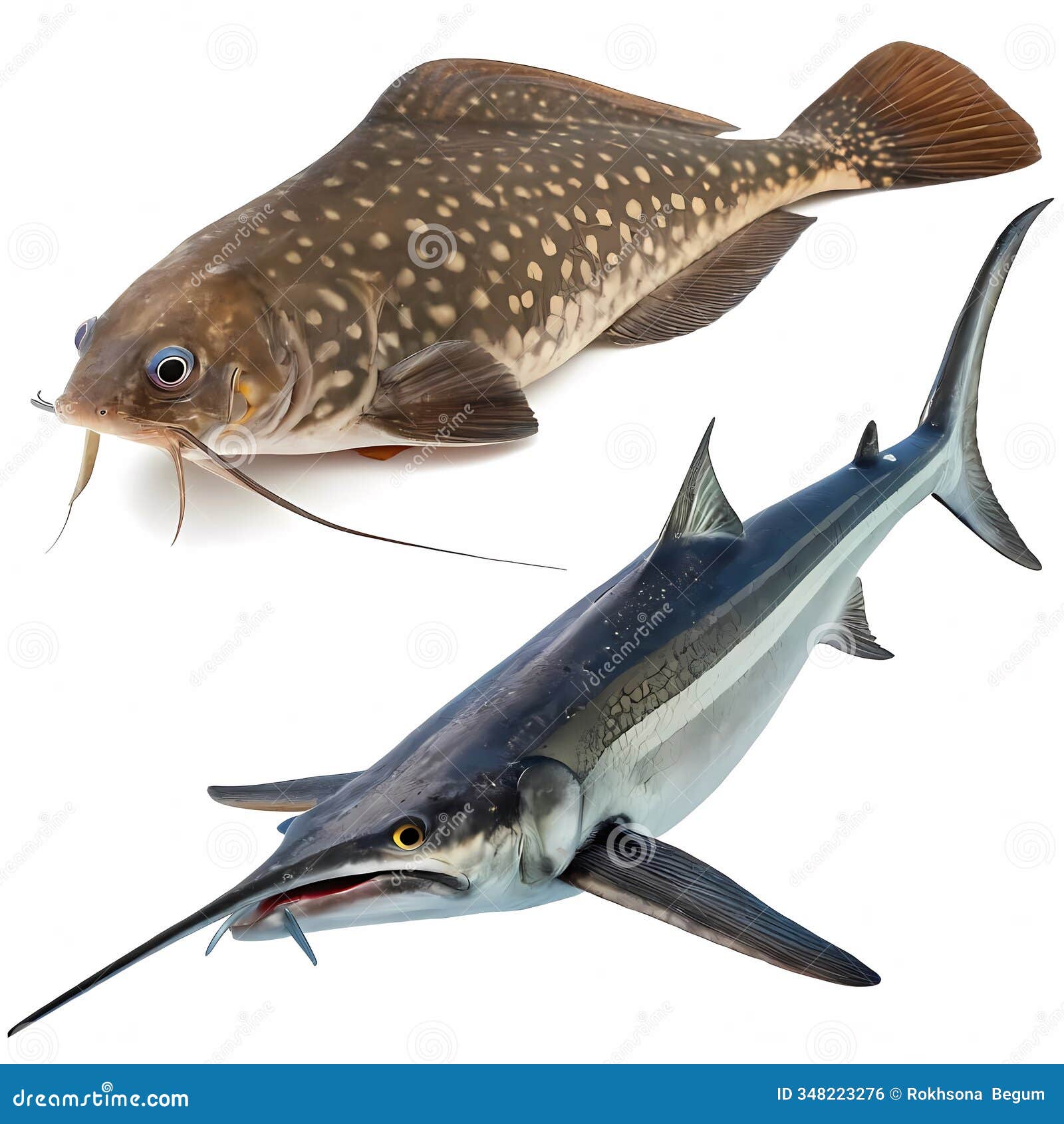 Close-up of a Catfish and Swordfish on a White Background Stock ...
